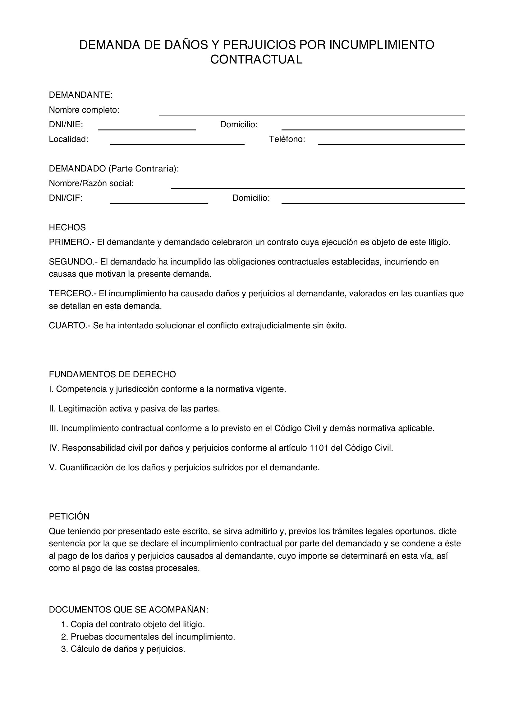 Modelo Demanda Daños Y Perjuicios Por Incumplimiento Contractual